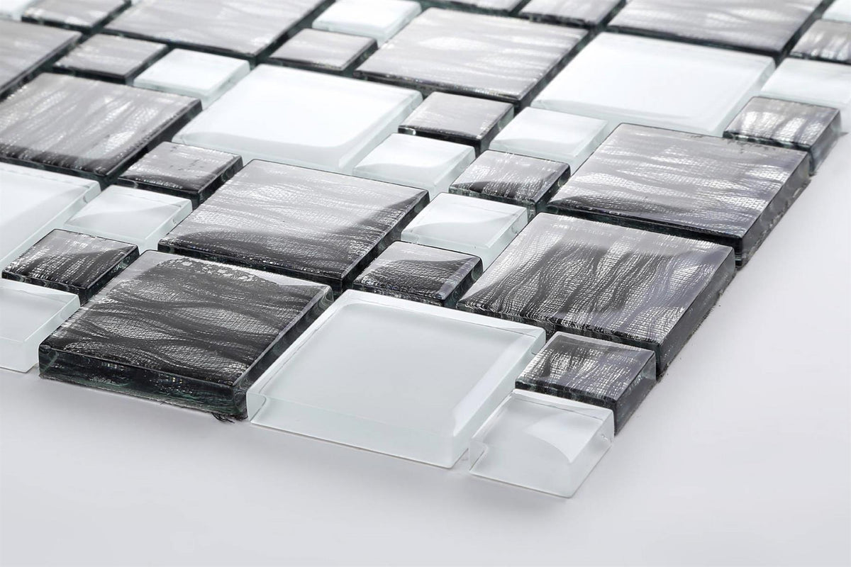 Black With Silver Backing & White Modular Mix Mosaic Tiles (MT0077 ...
