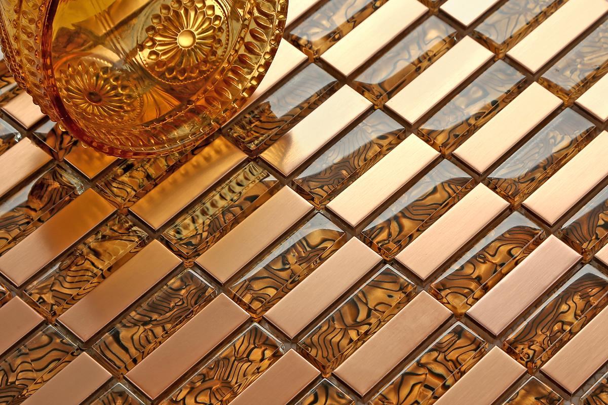 Amber Glass & Brushed Copper effect Stainless Steel Mosaic Tiles (MT01 ...