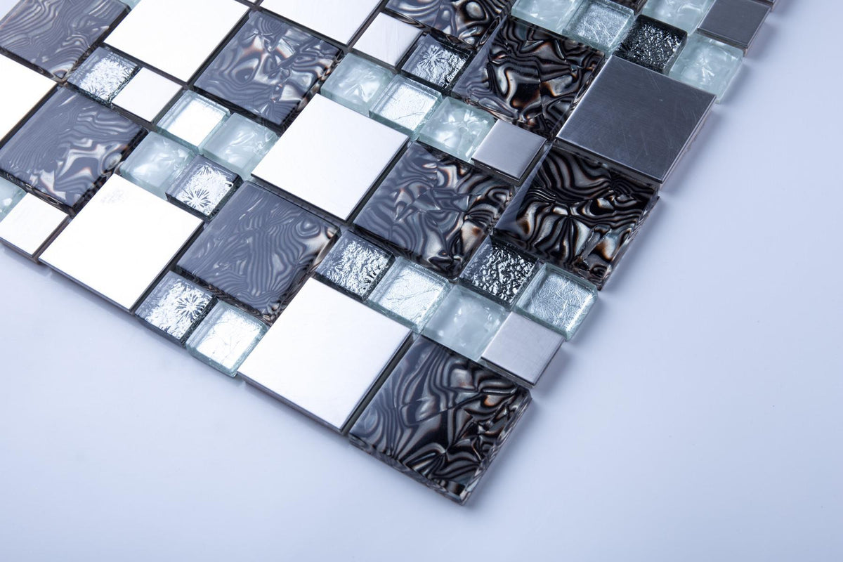 Black, White and Silver Glass & Stainless Steel Mosaic Tiles (MT0164 ...